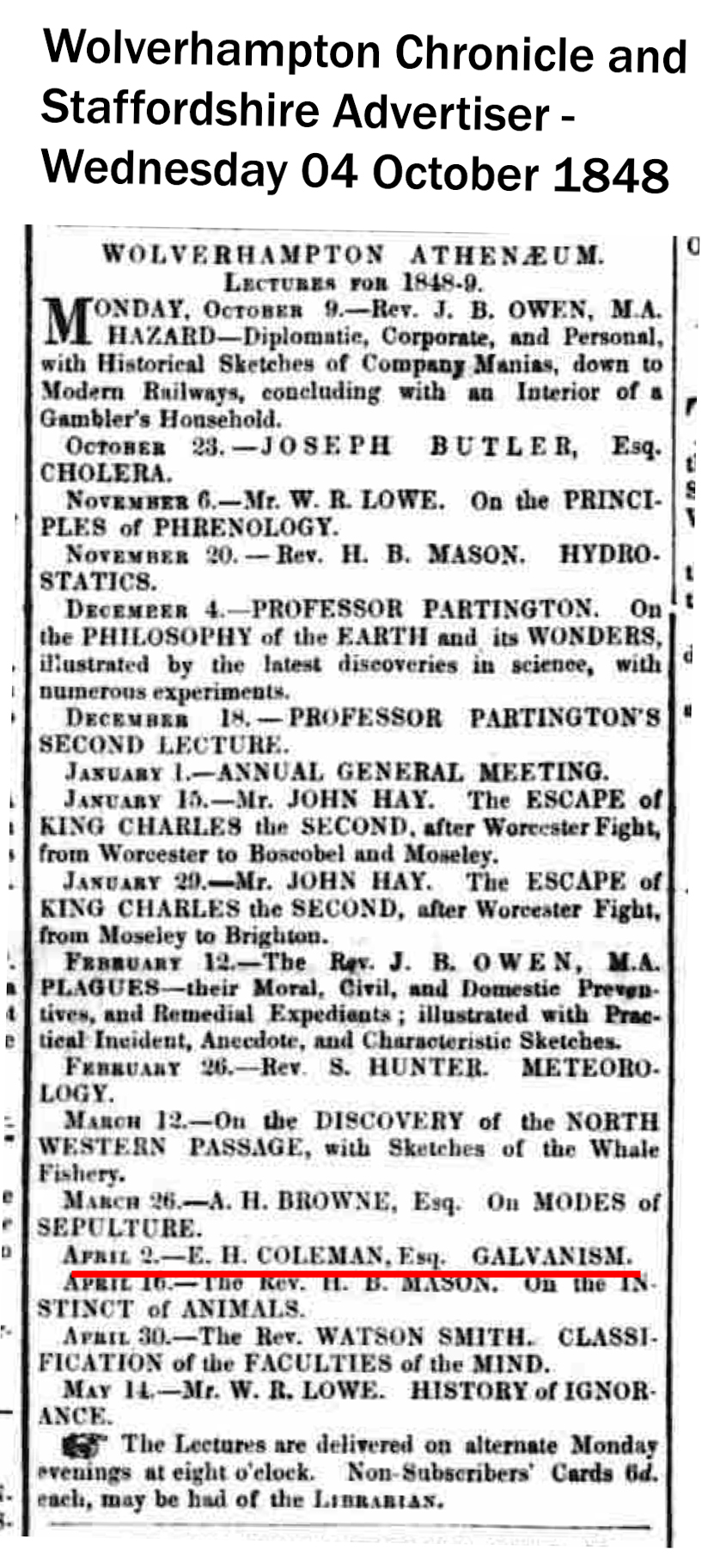Documents: 1848 E H Coleman lectures on Galvanism: John Coleman & Jane ...